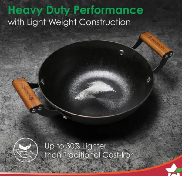 Pre-Seasoned Ferro Light 24cm Kadhai | 2.3L | Acacia Wooden Handles ...